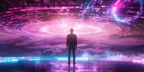 A Man Contemplates Glowing Data Visualizations And Technical Schematics