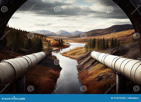 Gas Pipeline Crossing Over River With View Of Scenic Landscape Stock