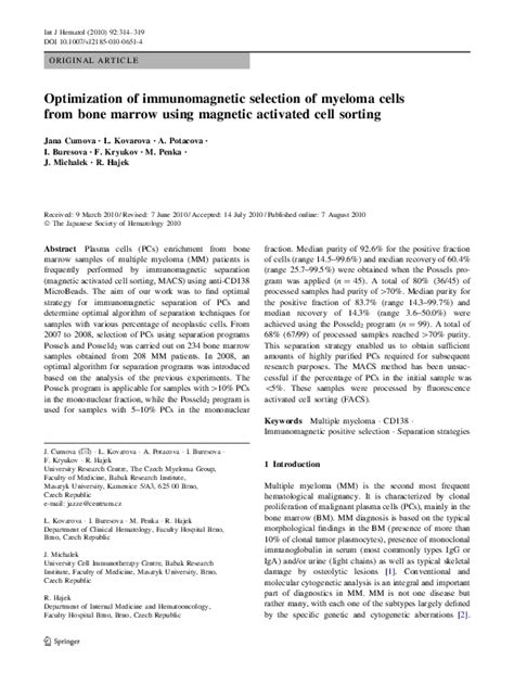 Pdf Optimization Of Immunomagnetic Selection Of Myeloma Cells From