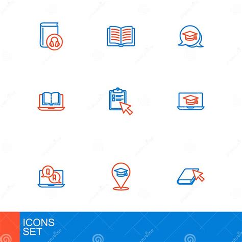 Set Line Online Book Education Question And Answer Graduation Cap Laptop Class Quiz Test