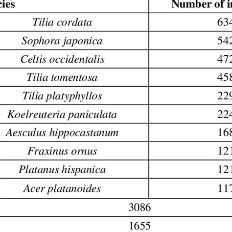 The Most Common Tree Species In Szeged Within The Surveyed Areas