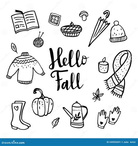Hello Fall Doodle Set Back Vector On White Stock Vector Illustration Of September Season