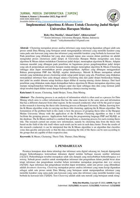 Pdf Implementasi Algoritma K Means Untuk Clustering Judul Skripsi