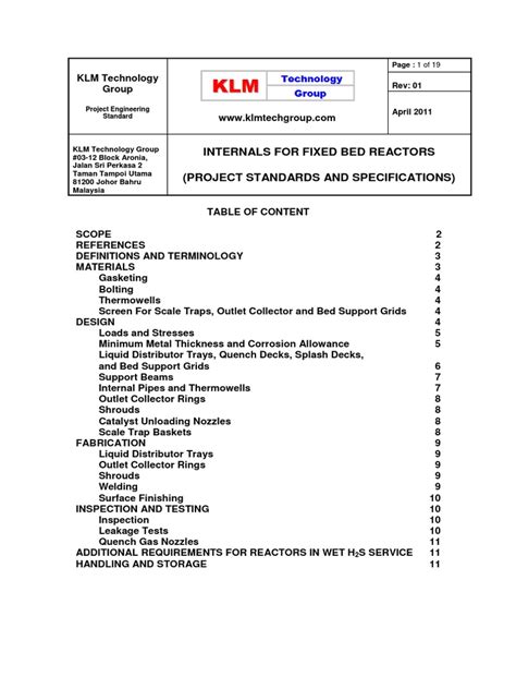 Internals For Fixed Bed Reactors Project Standards And Specifications