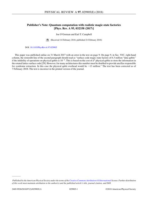 Pdf Publishers Note Quantum Computation With Realistic Magic State Factories [phys Rev A