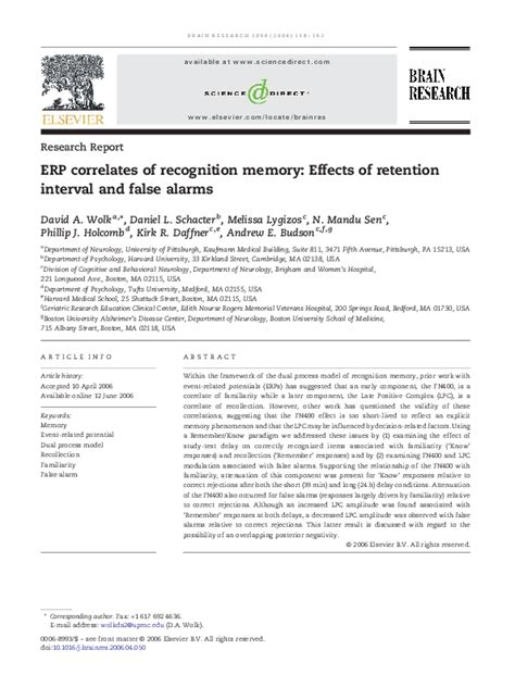 Pdf Erp Correlates Of Recognition Memory Effects Of Retention Interval And False Alarms