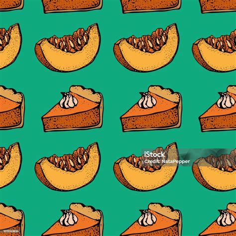 크림 원활한 패턴와 호박 파이입니다 파이 조각 및 슬라이스 조각의 호박의 손으로 그려진된 밑그림 추수 감사절 벡터 배경입니다 레스토랑 포장 메뉴 디자인 확인 가을에 대한