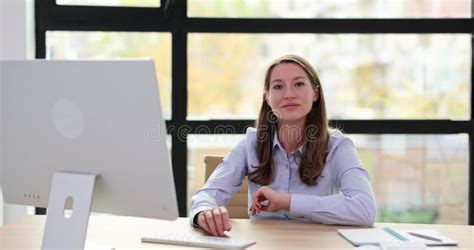Businesswoman Typing On Computer Keyboard And Waving Hand For Greeting Portrait 4k Movie Slow