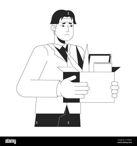 Fired Asian Man Leaving Workplace Black And White 2d Line Cartoon Character Stock Vector Image