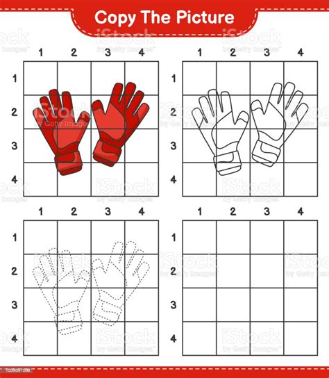 그림을 복사하여 그리드 라인을 사용하여 골키퍼 장갑사진을 복사합니다 교육 어린이 게임 인쇄 워크 시트 벡터 일러스트레이션 색칠하기에 대한 스톡 벡터 아트 및 기타 이미지
