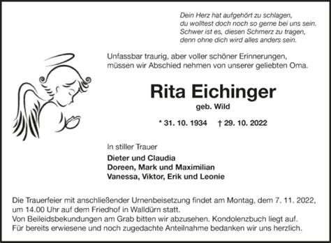 Traueranzeigen Von Rita Eichinger Trauerportal Ihrer Tageszeitung