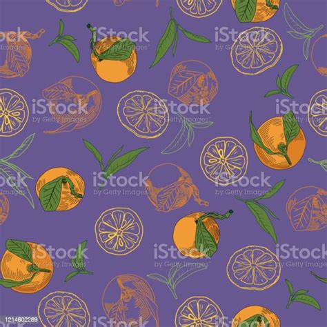귤 과일과 레몬 원활한 패턴 잎감귤류 만화 스타일의 보라색 배경에 벡터 그림 포스터 엽서 인쇄 섬유 및 기타 장식 과일에 대한 스톡 벡터 아트 및 기타 이미지 Istock