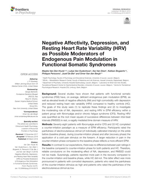 Pdf Negative Affectivity Depression And Resting Heart Rate Variability Hrv As Possible