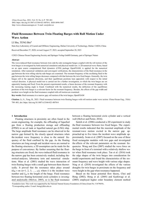 Pdf Fluid Resonance Between Twin Floating Barges With Roll Motion Under Wave Action