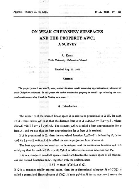 Pdf On Weak Chebyshev Subspaces And The Property Awc1 A Survey