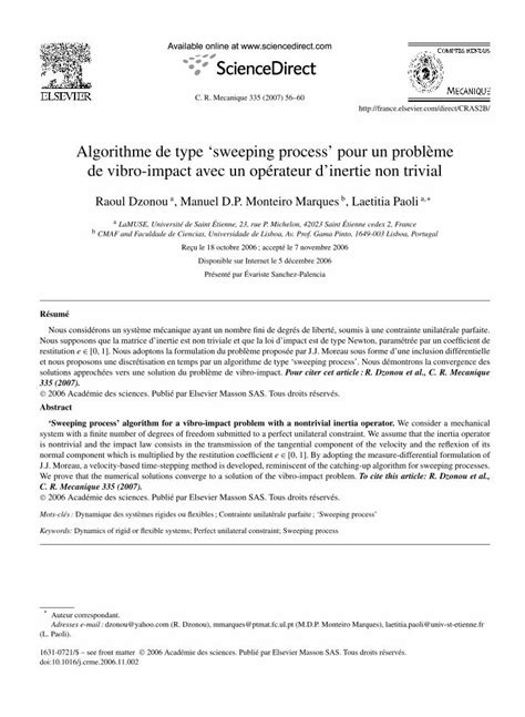 Pdf Algorithme De Type ‘sweeping Process Pour Un Problème De Vibro Impact Avec Un Opérateur D