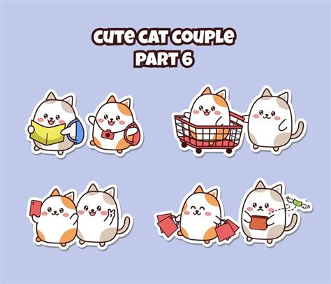 귀여운 고양이 커플 스티커 이모티콘 여행 쇼핑 셀카 돈이없는 이모티콘 평면 디자인 세트 프리미엄 벡터