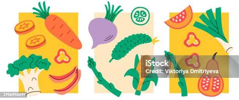 당근 사탕무 오이 브로콜리 아스파라거스 옥수수 부추 호박을 포함한 야채의 평면 그림은 장식 카드에 배열되어 건강한 식사 요리 프로젝트에 이상적입니다 건강한 생활방식에 대한