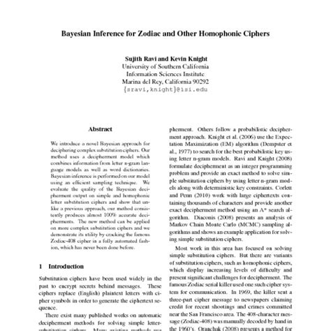 Bayesian Inference For Zodiac And Other Homophonic Ciphers Acl Anthology