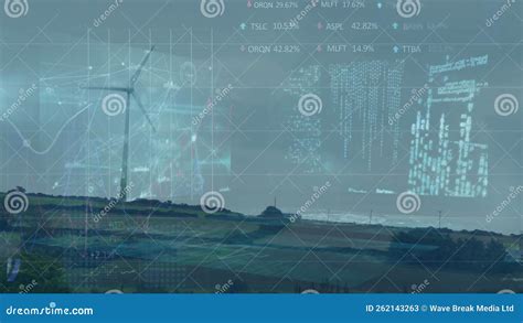 Animation Of Connections And Data Processing Over Wind Turbine Stock