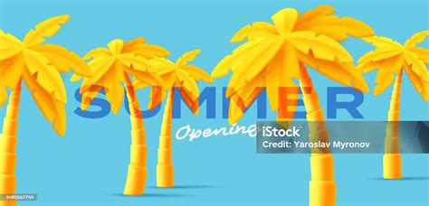 3d 현대 포스터는 텍스트와 함께 Boue 배경에 노란색 야자수를 렌더링하고 트렌디한 현대적인 그래픽을 가지고 있다 3차원 형태에 대한 스톡 벡터 아트 및 기타 이미지