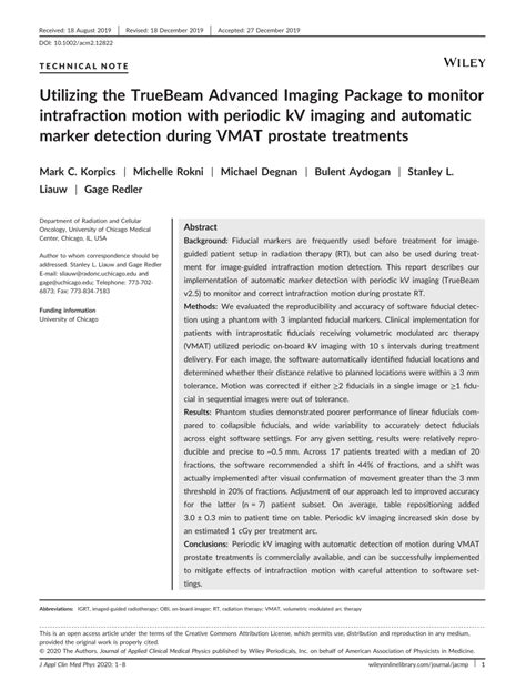 Pdf Utilizing The Truebeam Advanced Imaging Package To Monitor Intrafraction Motion With