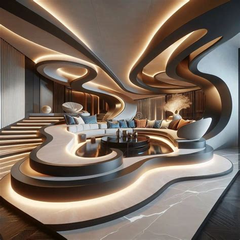 A Futuristic Living Room Interior With A Unique Curved Design Illuminated With Warm Lighting