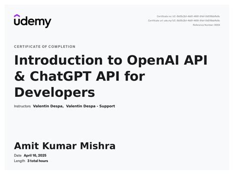 My course completion certificate for "Introduction to OpenAI API & ChatGPT API for Developers ...