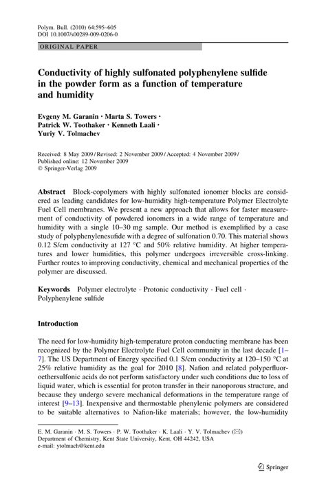 Pdf Conductivity Of Highly Sulfonated Polyphenylene Sulfide In The