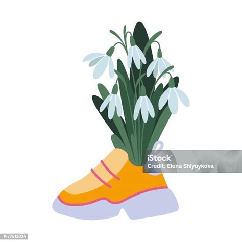 운동화에 헌병 꽃다발 첫 번째 봄 꽃 만화 스타일 흰색 배경에 격리된 트렌디한 현대 벡터 삽화 손으로 그린 플랫 4월에 대한 스톡 벡터 아트 및 기타 이미지 Istock