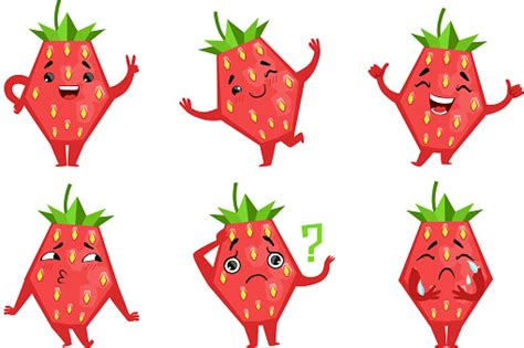귀여운 딸기 만화 캐릭터 와 다양한 감정 세트 벡터 일러스트 개체 그룹에 대한 스톡 벡터 아트 및 기타 이미지 개체 그룹 과일 독일 Istock