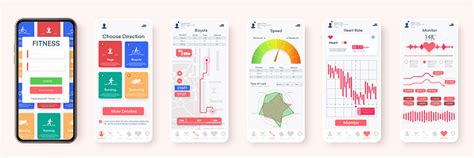 피트니스 응용 프로그램의 창조적 인 디자인 ui ux 로그인 및 암호 입력gui 화면 세트 신체 활동을 보여주는 화면 건강 인포