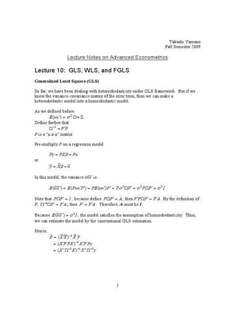 Pdf Generalized Least Squares Lecture Notes Dokumentips