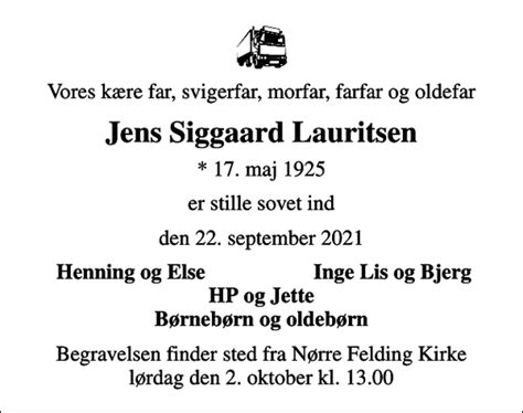 Jens Siggaard Lauritsen Dødsannoncer I Danmark