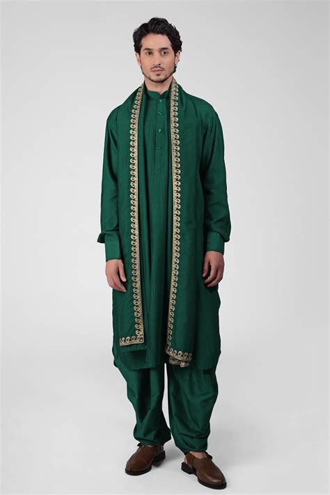 Buy Emerald Green Silk Embroidered Thread Straight Kurta Salwar Set For Men By Talking Threads