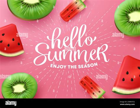 Hello summer vector background design. Hello summer greeting text with fruits element of ...