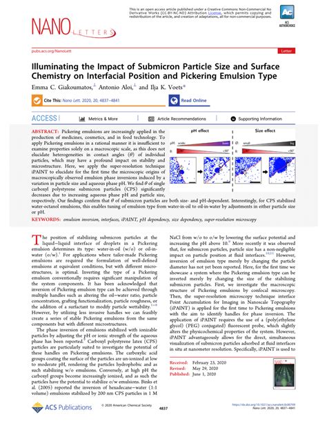 Pdf Illuminating The Impact Of Submicron Particle Size And Surface Chemistry On Interfacial