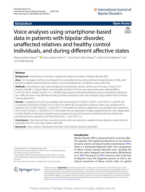 PDF Voice Analyses Using Smartphone Based Data In Patients With Bipolar Disorder Unaffected