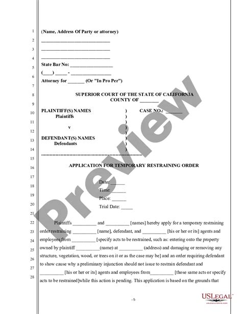 California Application For Temporary Restraining Order US Legal Forms