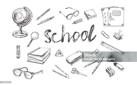학교로 돌아가기 손으로 그린 학용품 큰 스케치 세트 낙서 글자 및 학교 개체 수집 교육 개념입니다 빈티지 스케치 요소 벡터 그림입니다 학교로 돌아 가기 그리기에 대한 스톡