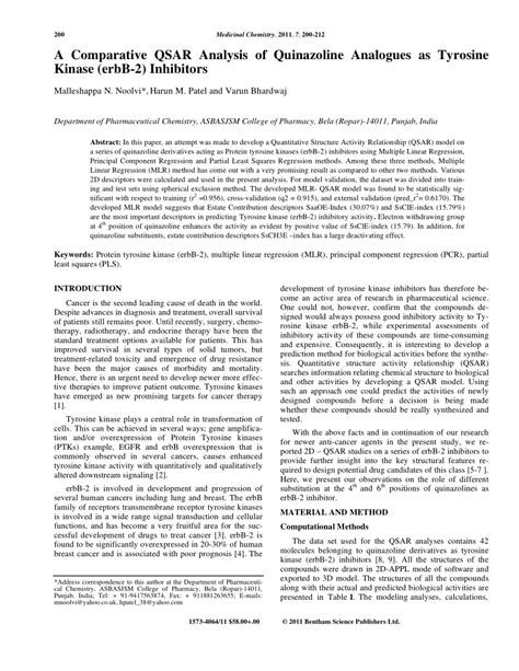 Pdf A Comparative Qsar Analysis Of Quinazoline Analogues As Tyrosine Kinase Erbb 2 Inhibitors