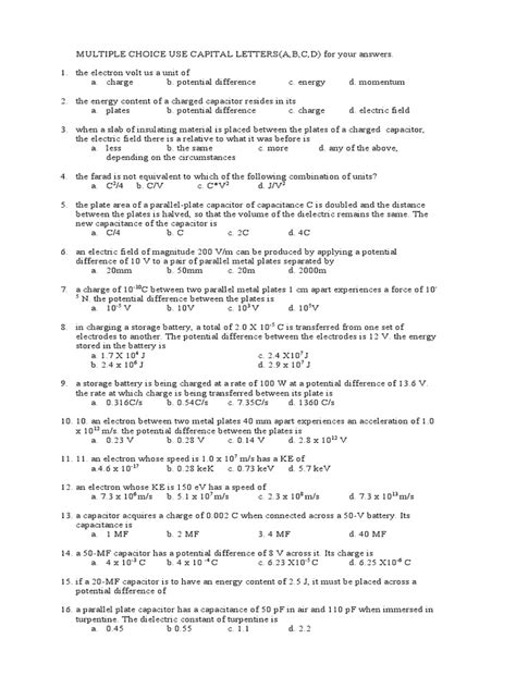 Physics Multiple Choice And Problems Pdf Capacitor Dielectric