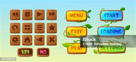 Game Menu Interface Wooden Board With Buttons Restart Loading Play Settings And Exit Cartoon