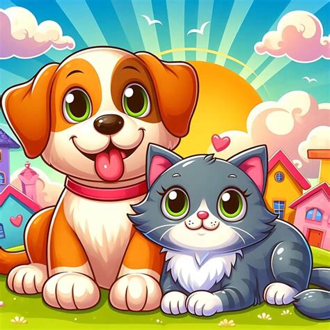 Ilustración Brillante De Un Perro Y Un Gato De Dibujos Animados Felices