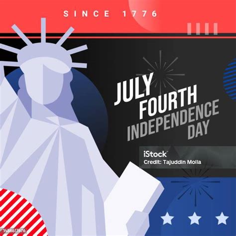 7월 4일 현대 인사말 배너 포스터 전단지 자유의 여신상이 있는 배경 미국 국기 패턴 및 추상적인 모양 벡터 그림입니다 배경
