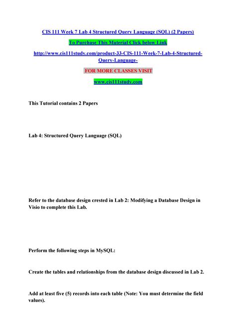 Cis 111 Week 7 Lab 4 Structured Query Language Sql 2 Papers By