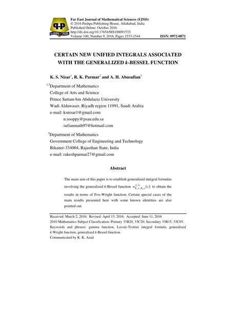 Pdf Certain New Unified Integrals Associated With The Generalized K Bessel Function