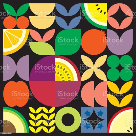 화려한 간단한 모양을 가진 기하학적 여름 신선한 과일 작품 포스터 스칸디나비아 스타일의 플랫 추상 벡터 패턴 디자인 검은 배경에 보라색 열정 과일의 미니멀한 그림 과일에