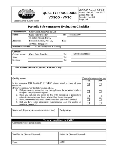Periodic Subcontractor Evaluation Checklist Chartworld Pdf