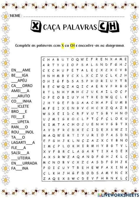 Caça palavras X ou CH interactive worksheet Workbook Online activities Google classroom